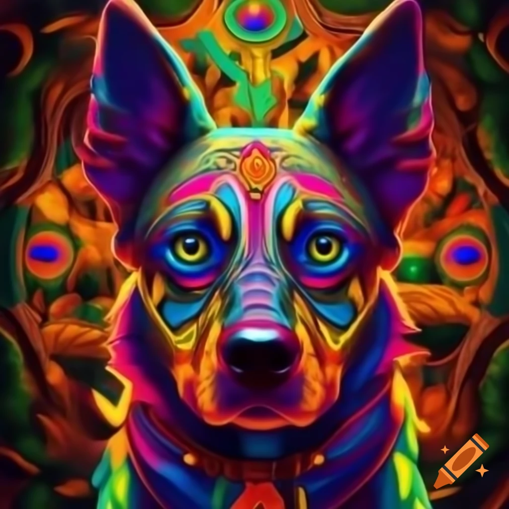 Psychedelic totem dog art with vibrant colors and patterns on Craiyon