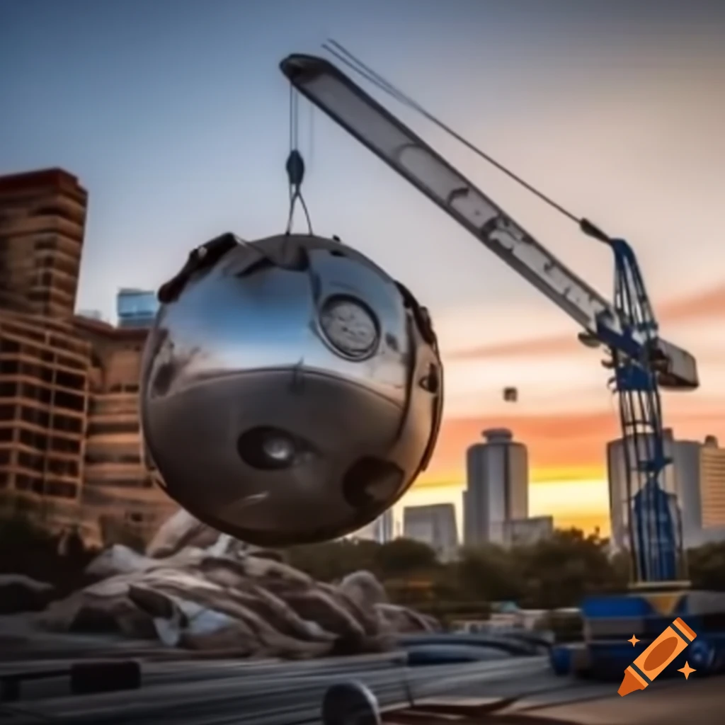 Large crane with wrecking ball dismantling structures near hollywood ...