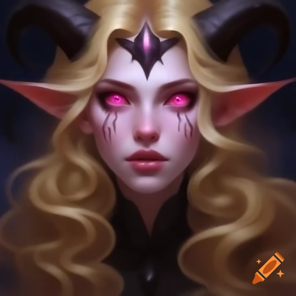 Lilith character with long blonde hair, curled horns, and pink eyes on ...