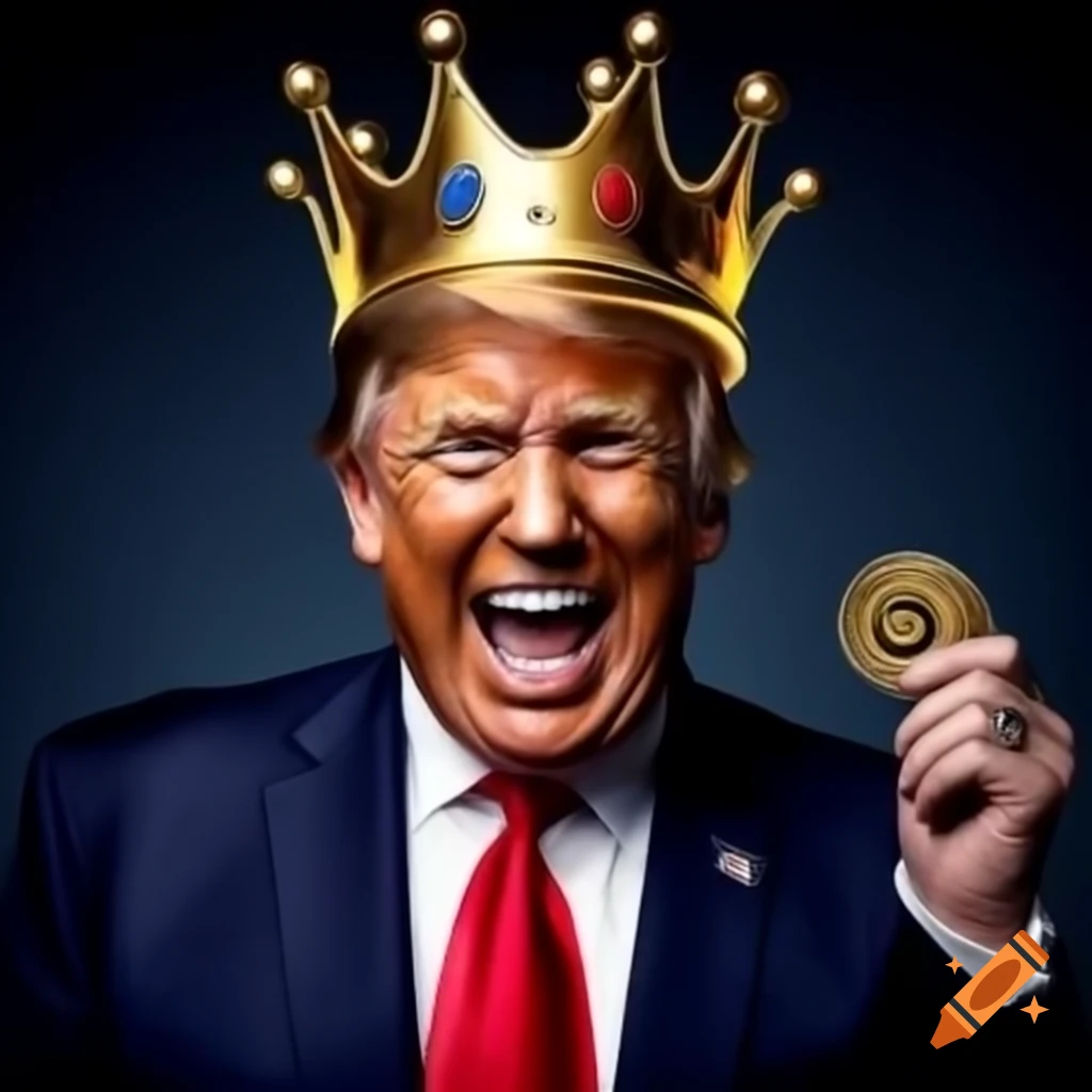 Cartoon of trump laughing with a golden crown and holding bitcoin on ...
