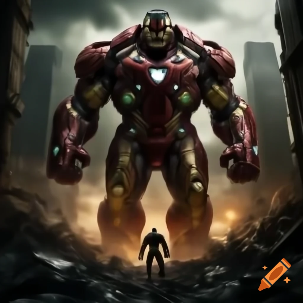 Fusion of Hulk and Iron Man in crumbled cityscape on Craiyon