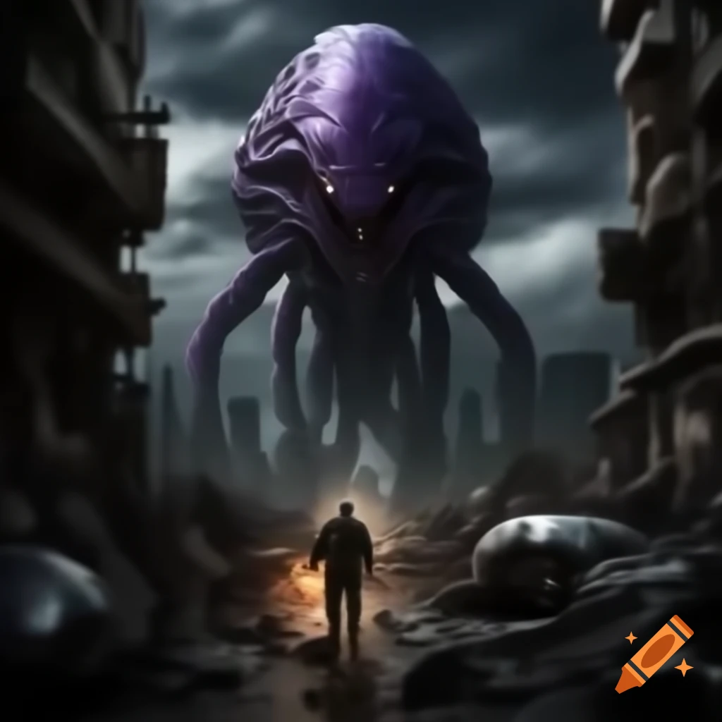 Cityscape under attack by large alien creature with military forces ...