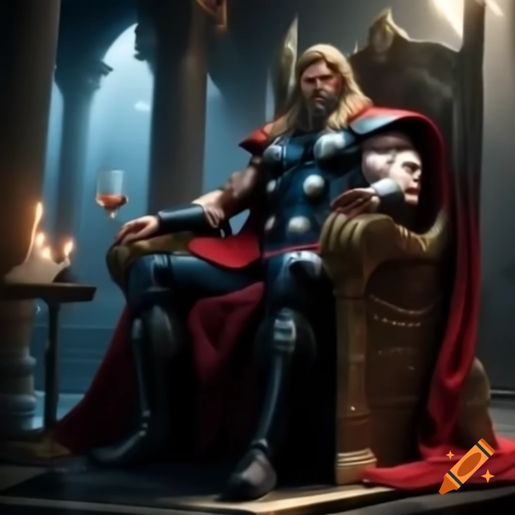 Thor seated on royal throne holding glass of wine, relaxed yet noble ...