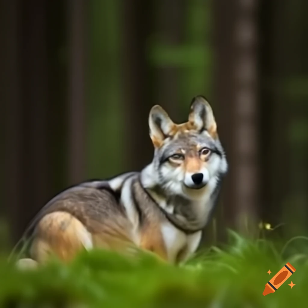 A hungry wolf observing animals in a forest, focusing on a little bunny ...