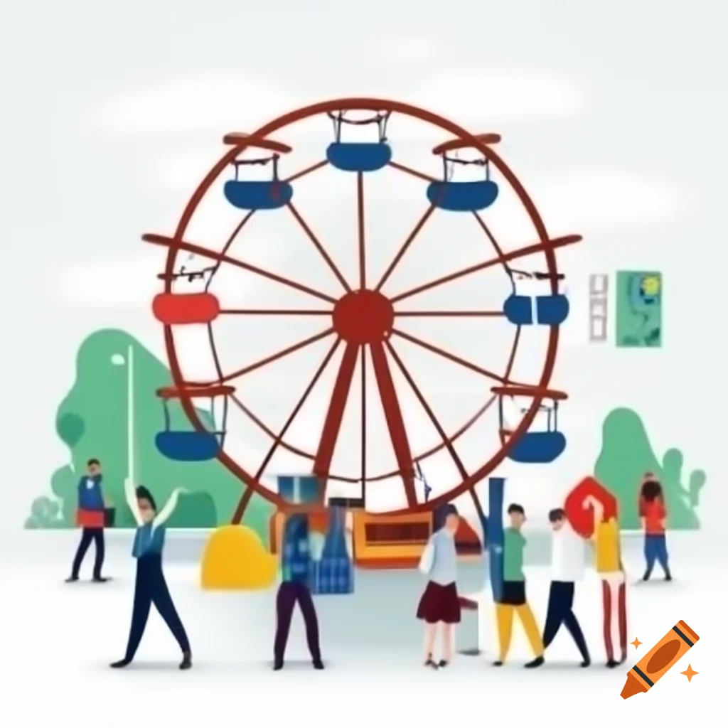 Excited people waiting in queue for ferris wheel with gondolas and ...