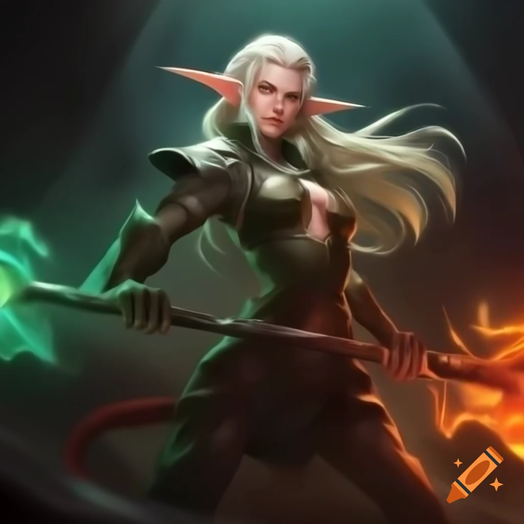 High elf warrior with two-handed war hammer, long light hair and green ...