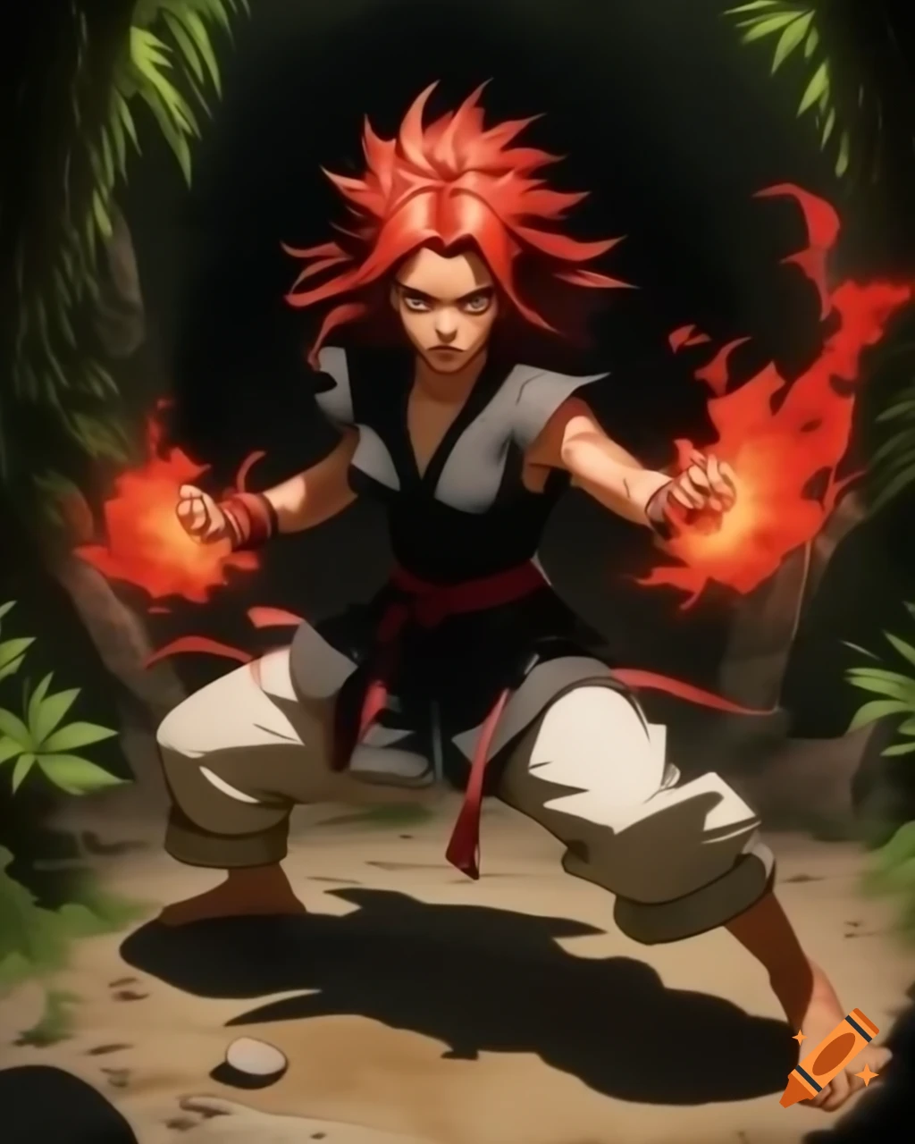 Fierce tan-skinned woman with spiky red hair in black karate uniform ...