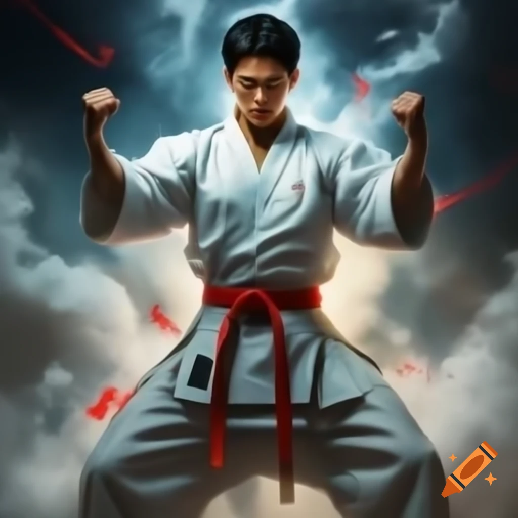 Karate master in white dobok with red belt demonstrating power and ...