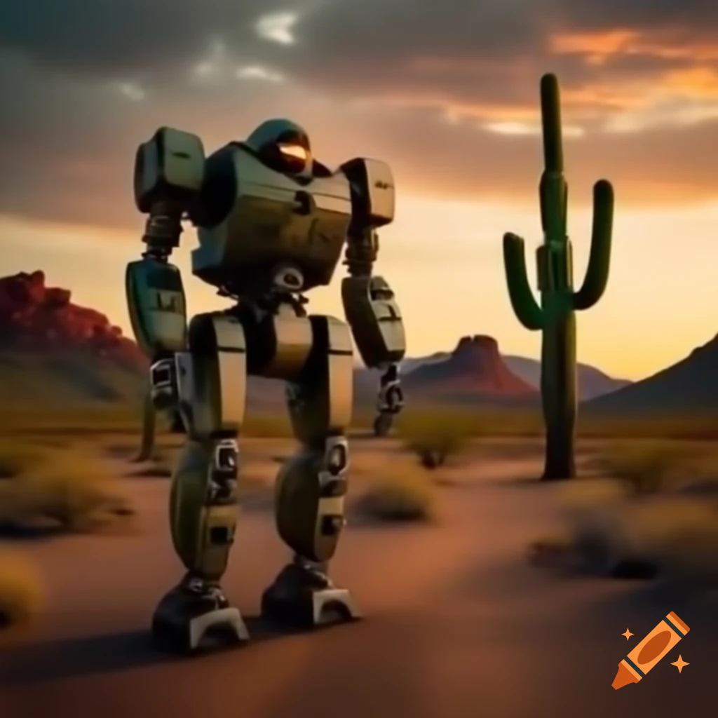 Ominous robot with saguaro cactus body walking in arizona desert at ...