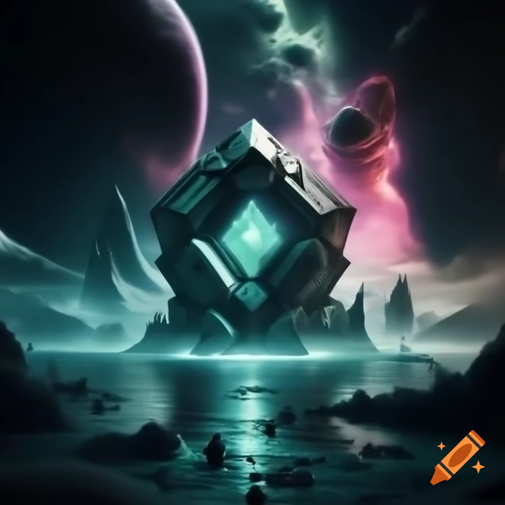 Ancient cube-like structure in surreal otherworldly landscape on Craiyon