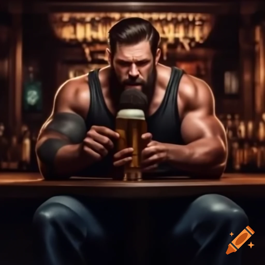 Man resembling snake plisken sitting at bar, muscular build and tattoos on Craiyon