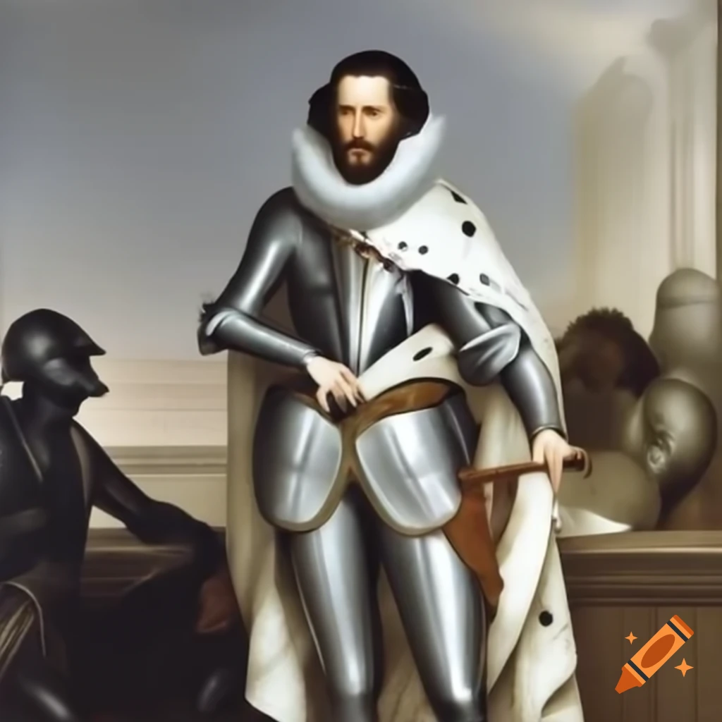 16th century prince in armor and ruff talking with black knight near ...