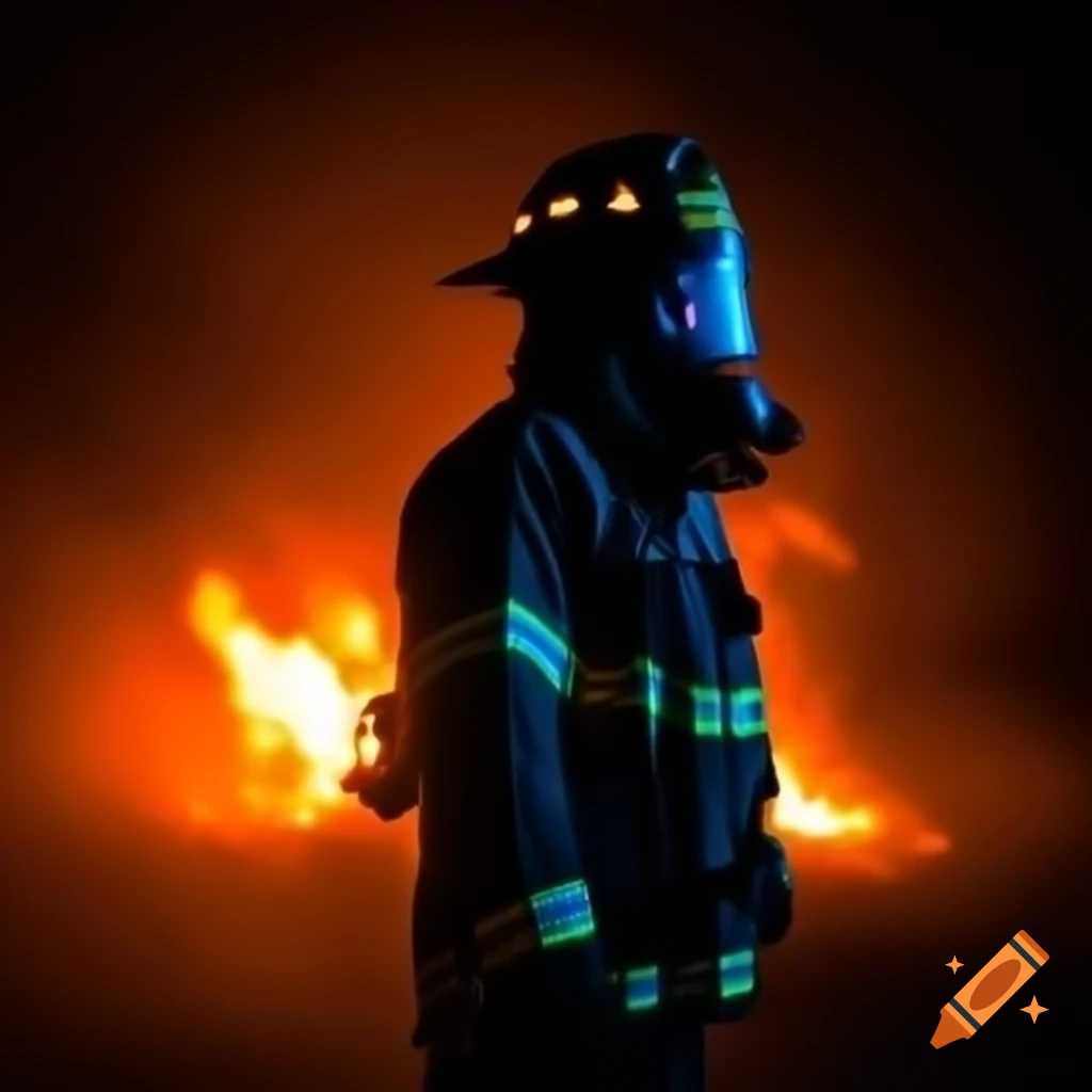 Firefighter silhouetted against controlled burn lights, reflecting ...