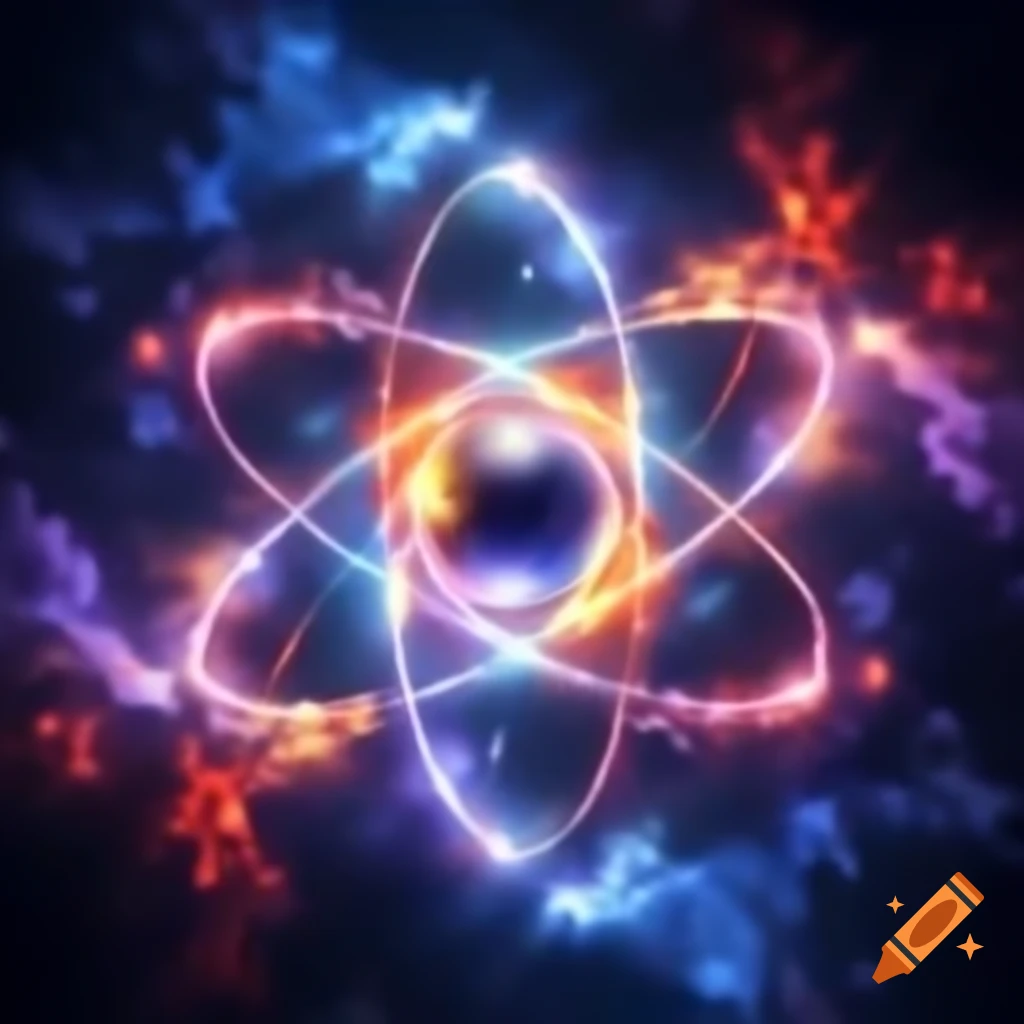 Whimsical representation of an atom highlighting quantum theories and ...