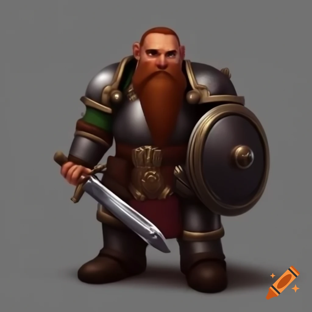 Dwarven warrior in steel armor striking pose with broadsword and shield ...