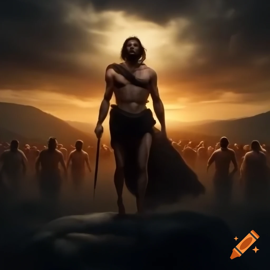 Prometheus in ancient Greek robes standing on cliff at sunset ...