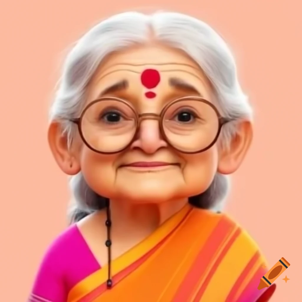 Cartoon Indian grandmother wearing saree and bindi on Craiyon