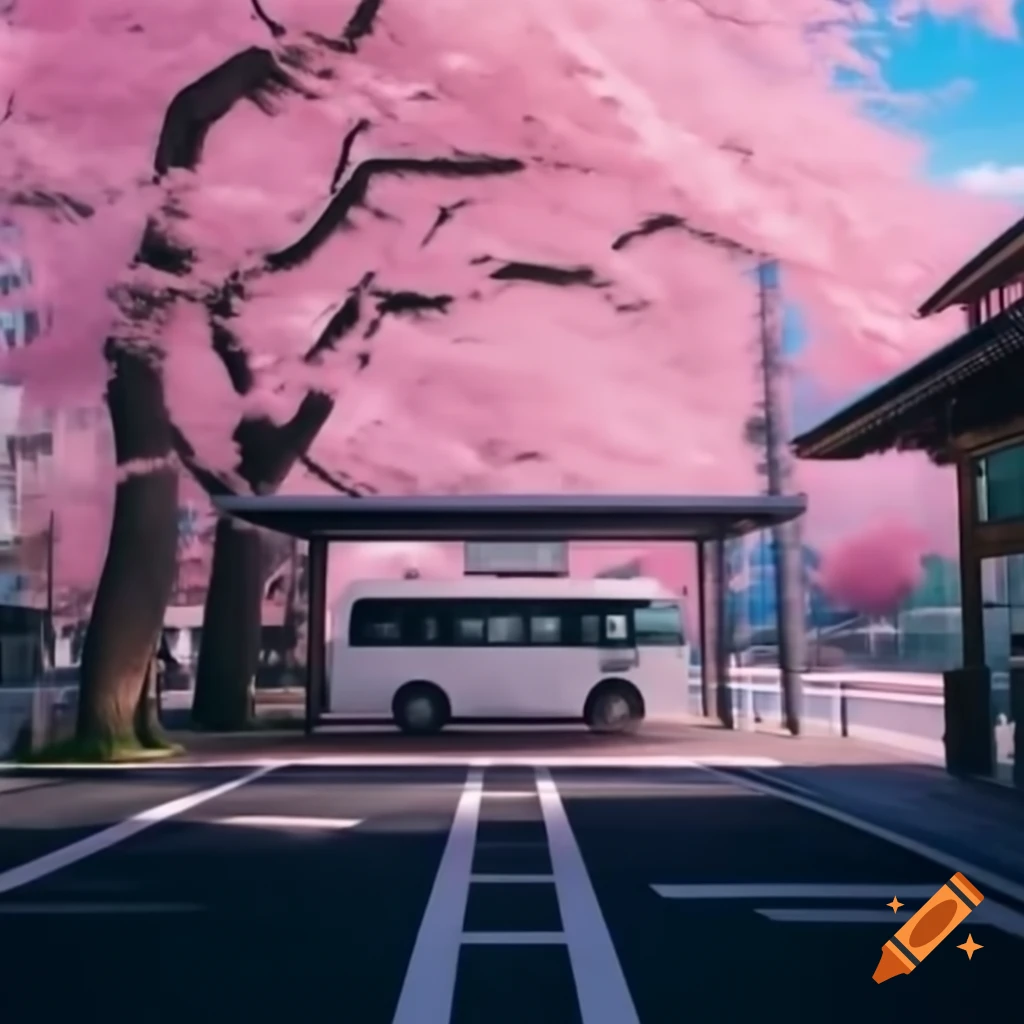 Photorealistic bus stop in Japan with sakura trees and minimalistic ...