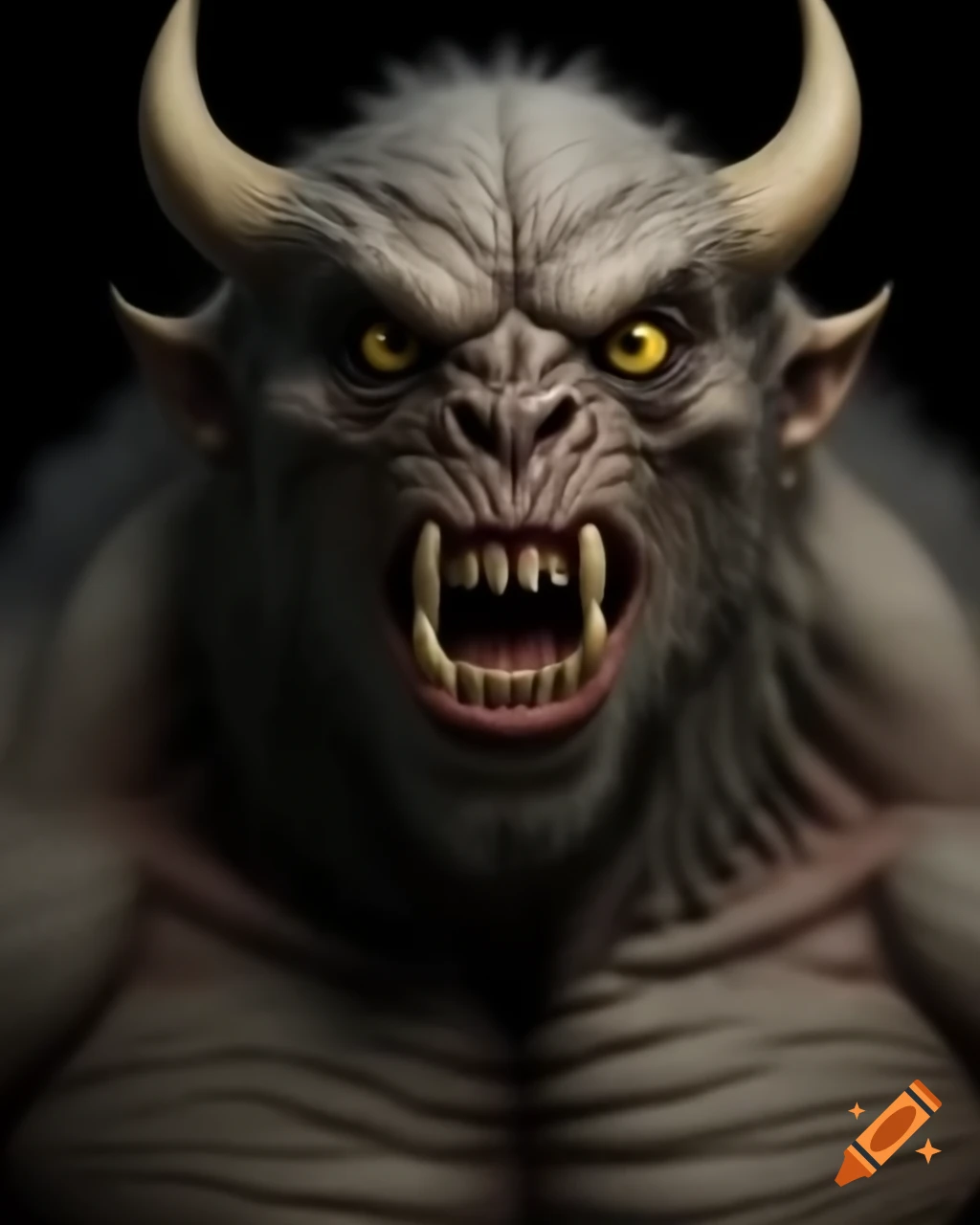 Realistic humanoid monster with gray skin, yellow eyes, medium horns ...