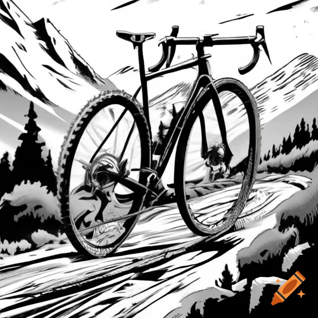 Comic-style illustration of gravel bike on winding mountain road on Craiyon