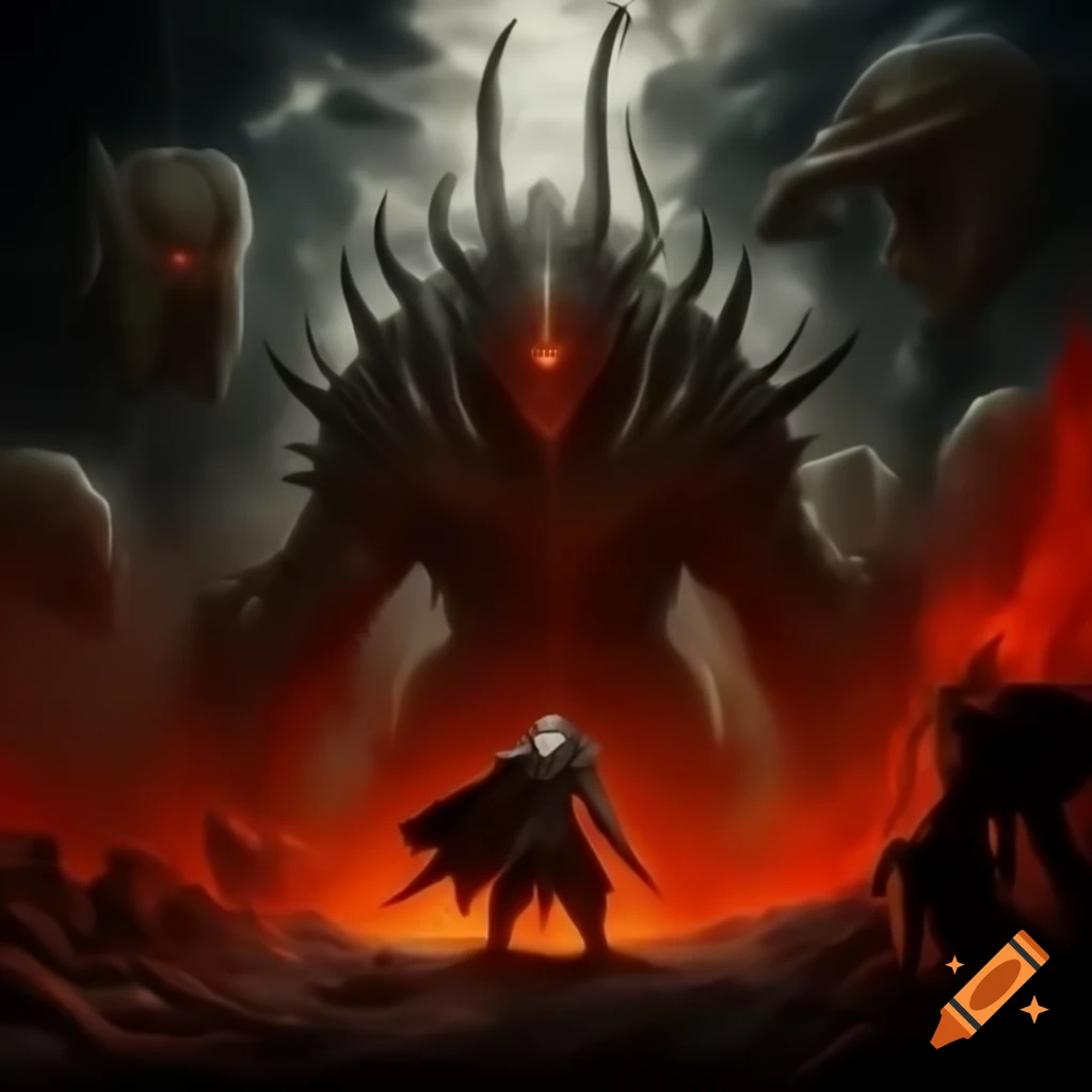 Dark fantasy battle scene with lone warrior in black armor fighting ...