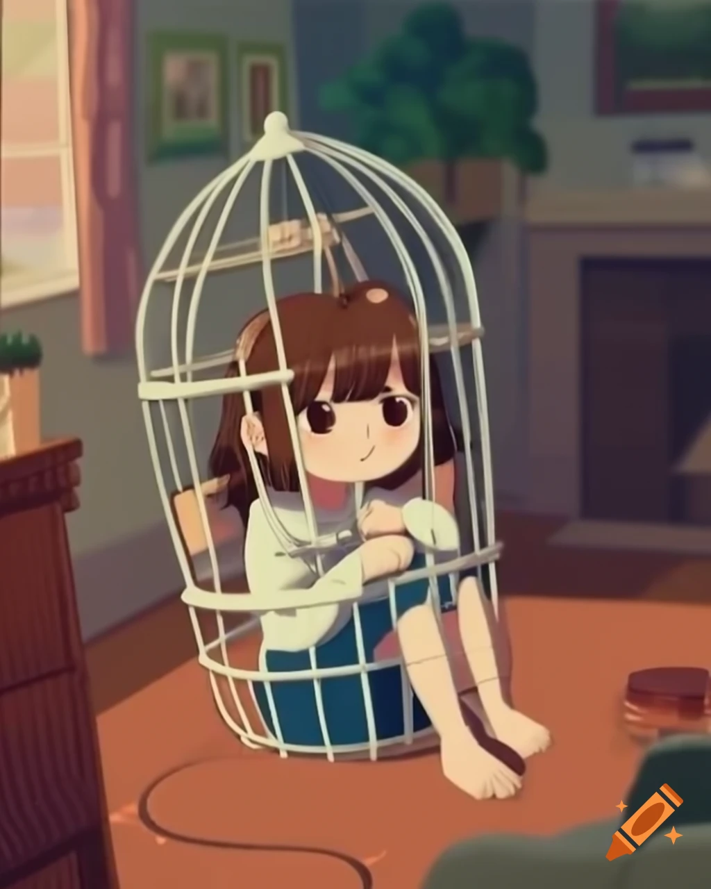 Anime scene of a pet cage in a living room with a girl inside and ...