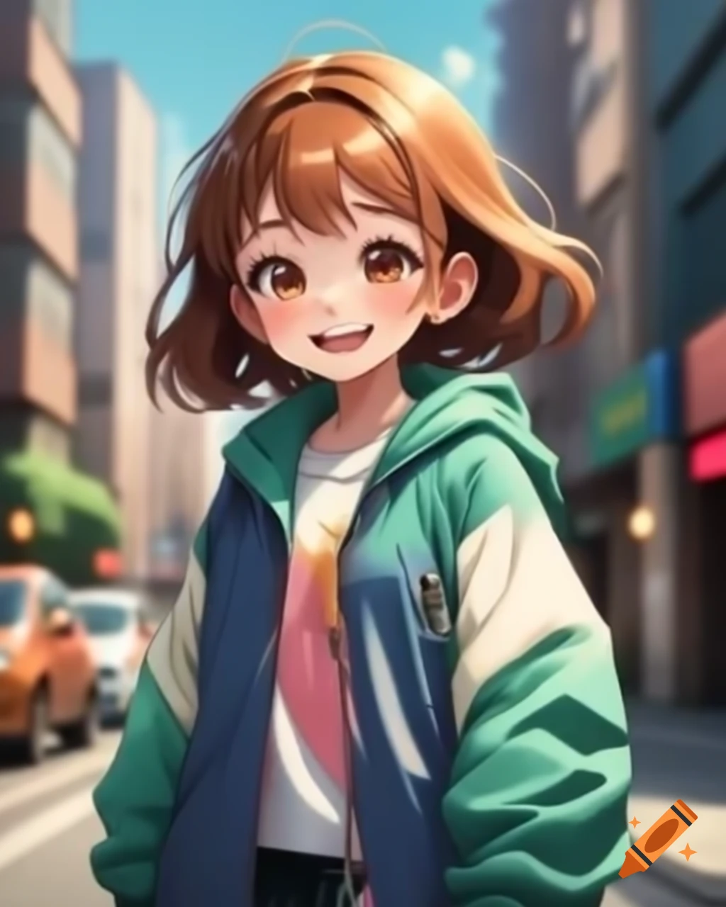 Shy smiling chestnut-haired girl in oversized jacket walking in city ...