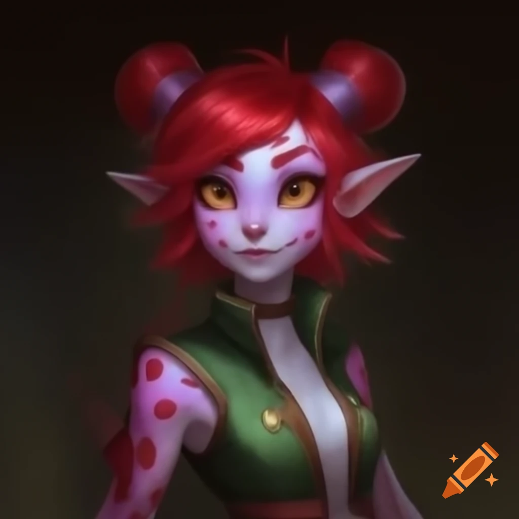 Amphibious beastfolk adventurer with cherry-red hair in dark green ...