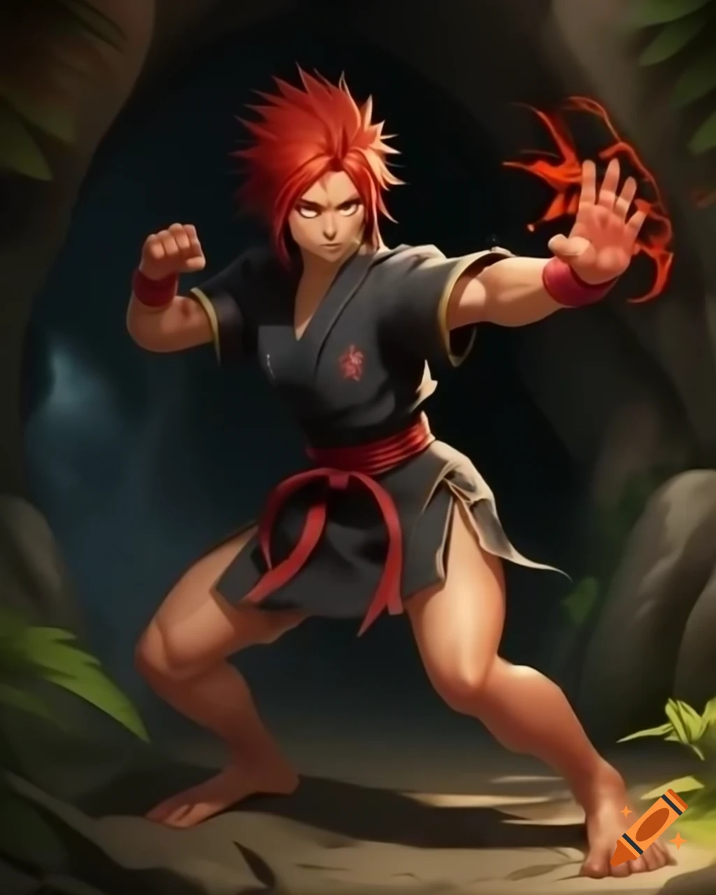 Fierce tan-skinned woman with spiky red hair in black karate uniform ...
