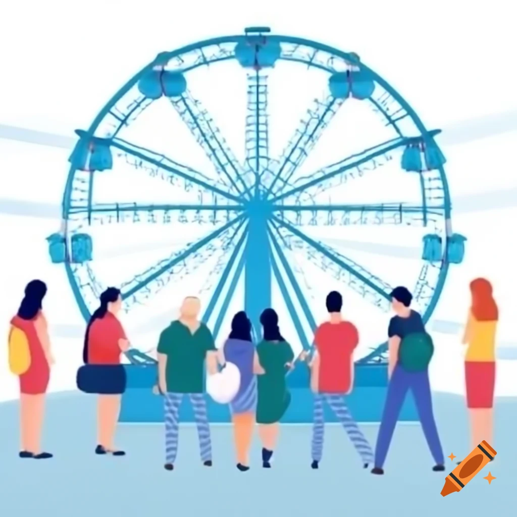 Eager people in queue for a ferris wheel with 8 gondolas in foreground ...