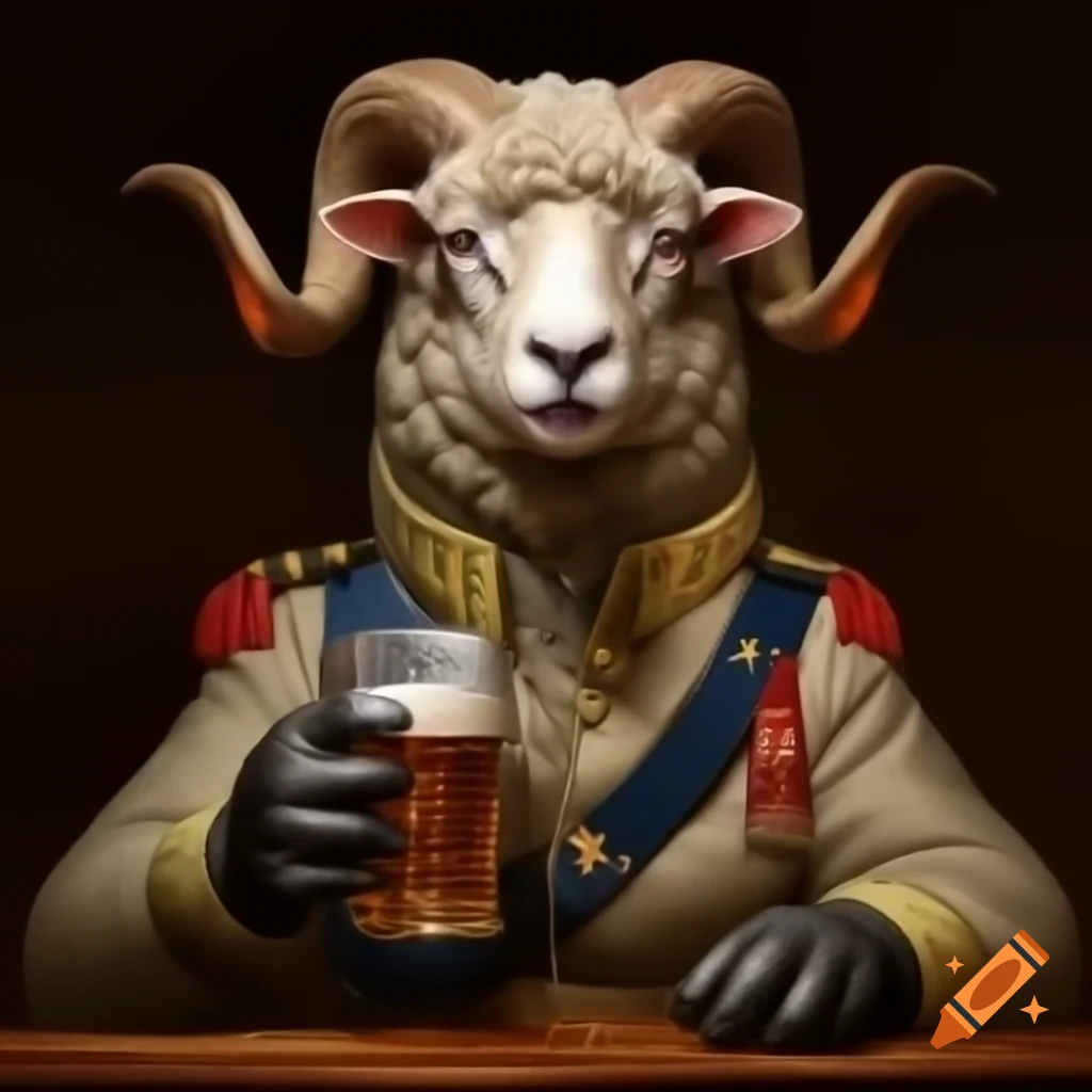 Sheep in military uniform holding beer, whimsical drawing on Craiyon