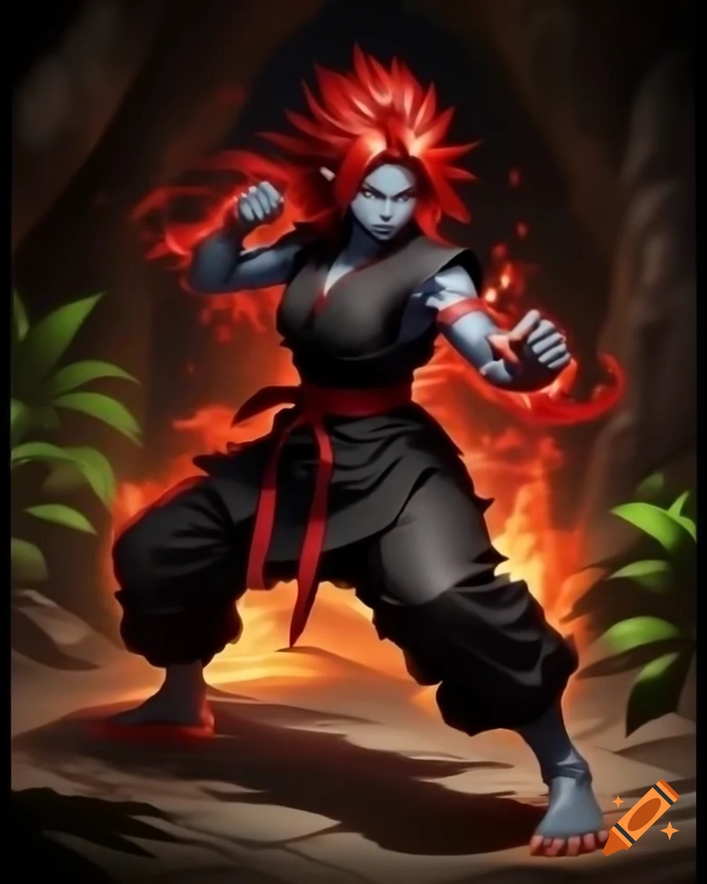 Fierce tan-skinned woman with spiky red hair in black karate uniform ...