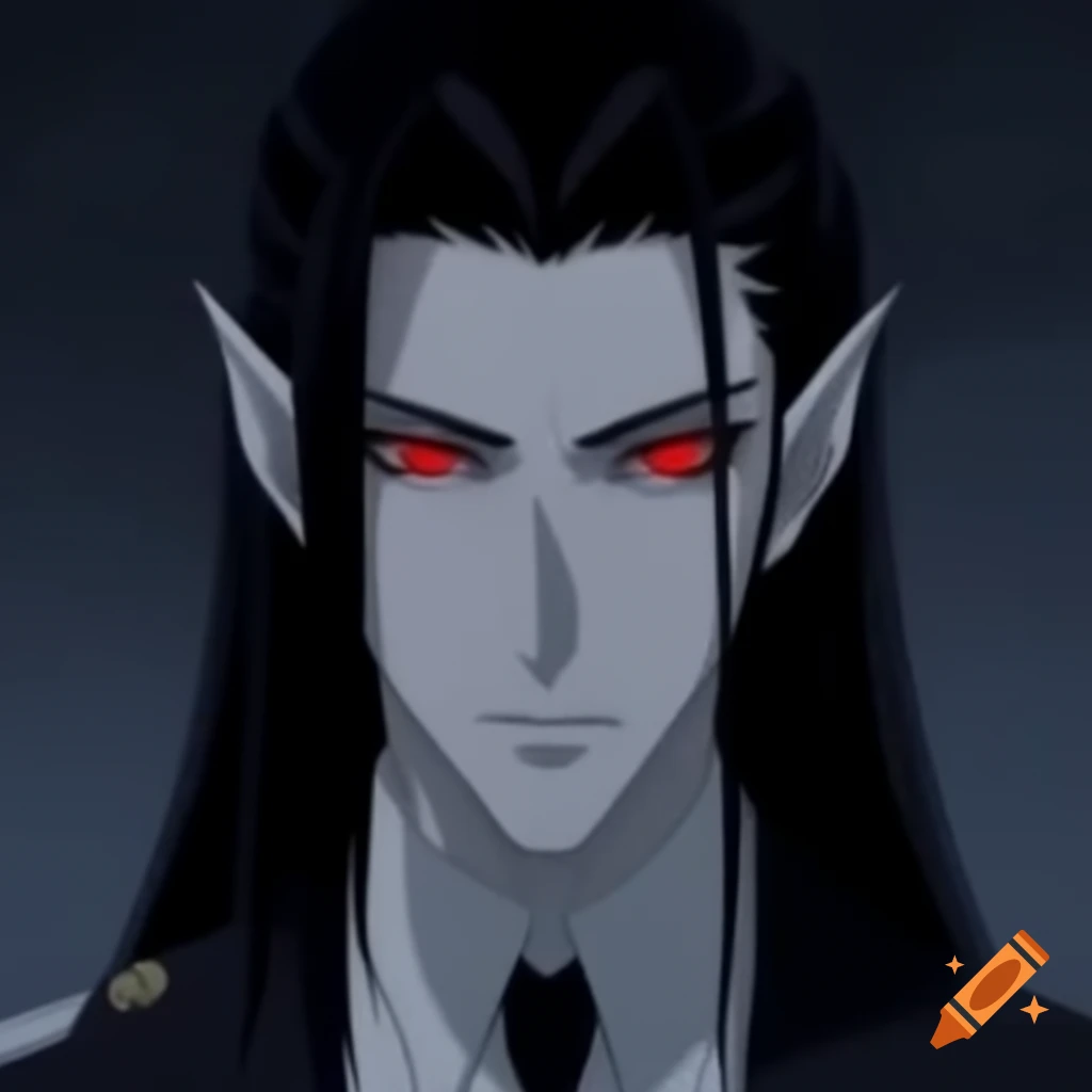 Pale male vampire butler with black hair and red eyes in a suit on Craiyon