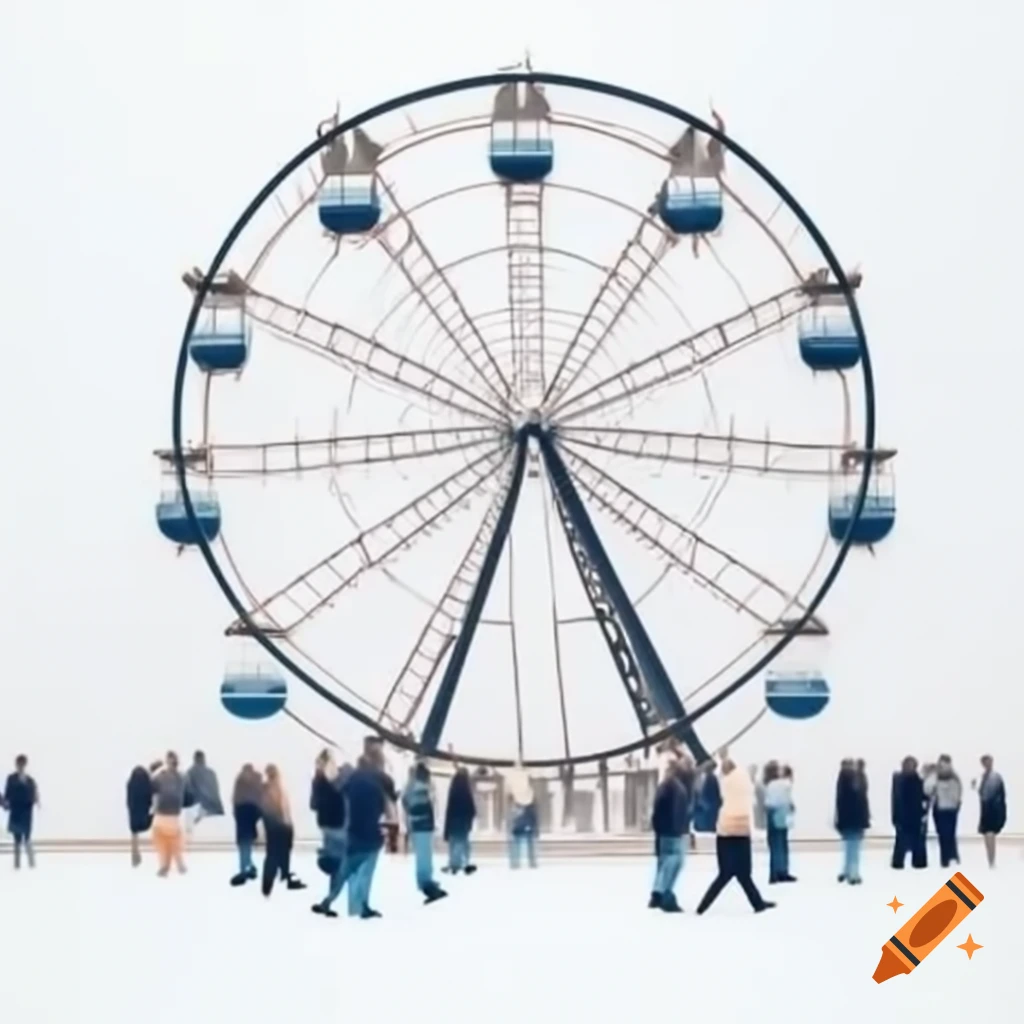 Excited people waiting in queue for ferris wheel with gondolas and ...