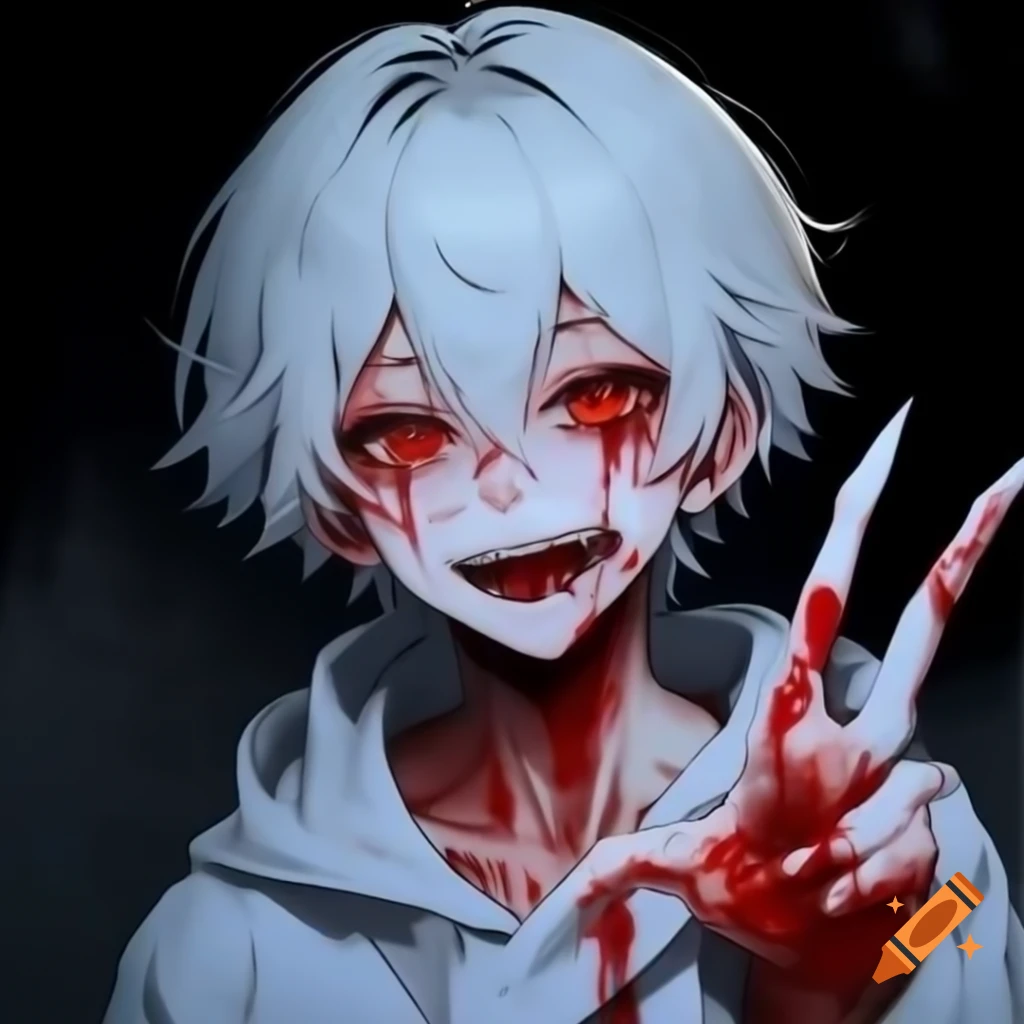 Creepy anime male with white hair and blood-stained grin in a white ...