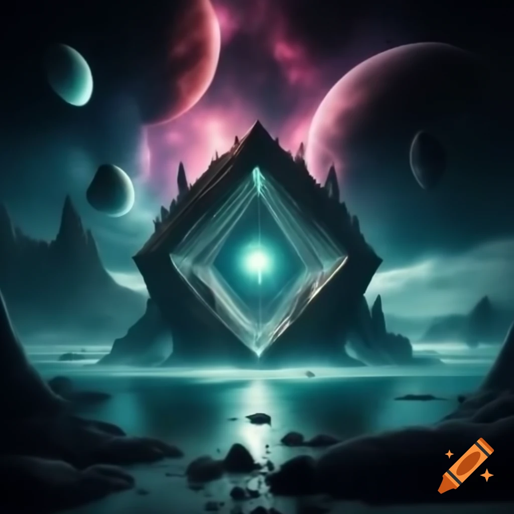 Ancient cube-like structure in surreal otherworldly landscape on Craiyon