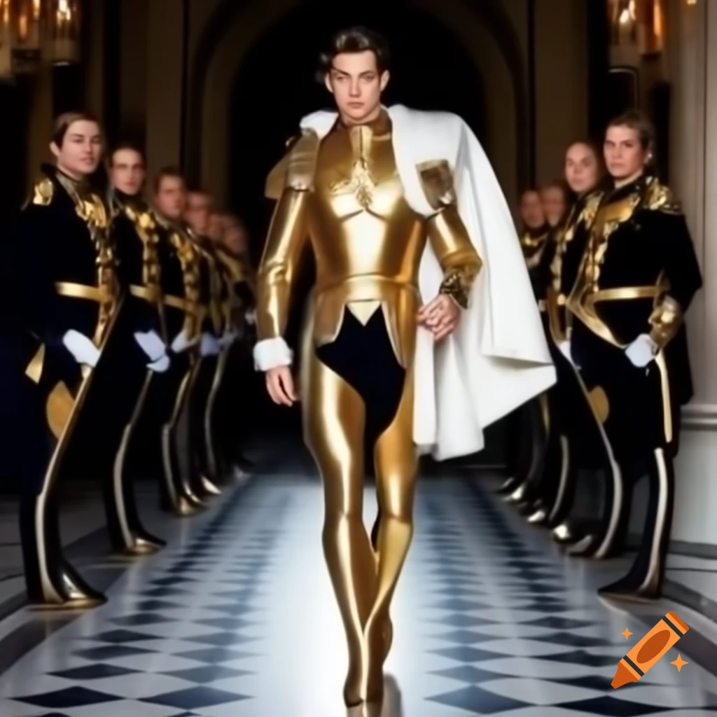 Prince in gold cuirass and white attire walking through palace hall ...