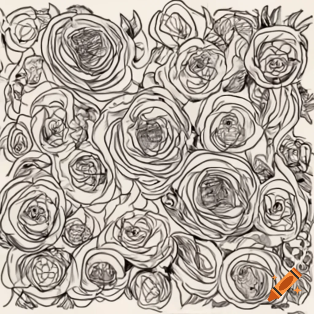 Intricate line art of densely packed minimalist roses, resembling ...
