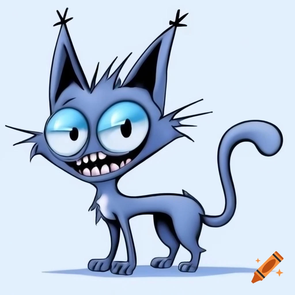 Cartoon cheshire cat with sharp features and icy blue eyes extending a ...