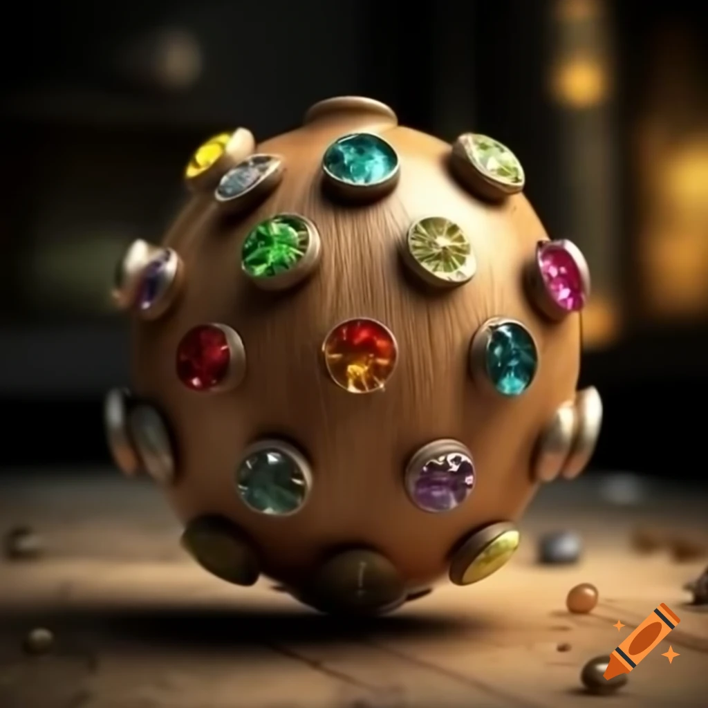 Wooden spherical instrument with 8 colorful jewel-like buttons on Craiyon