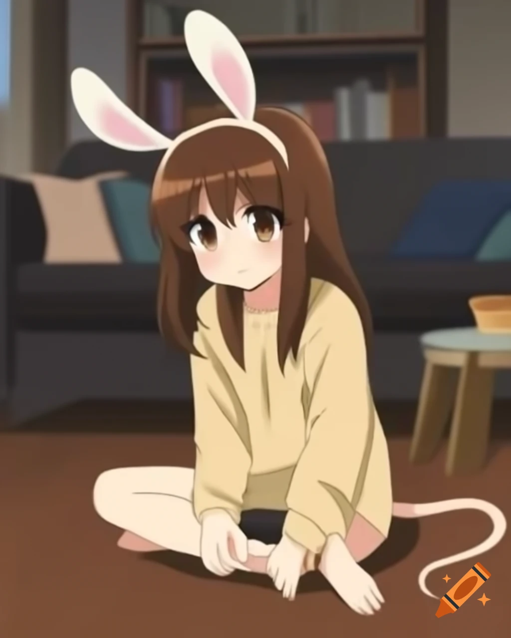 Anime scene of a living room with a pet cage and a girl with mouse ears ...