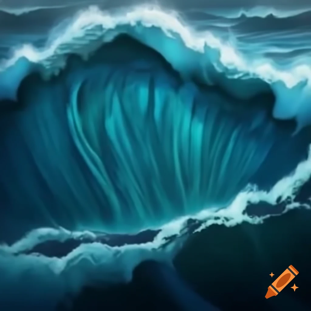 Dramatic tsunami wave crashing with powerful force on Craiyon