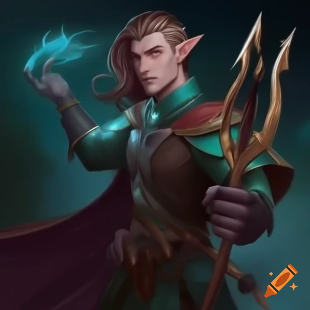 Brunette male elf in chainmail armor wielding a trident on Craiyon