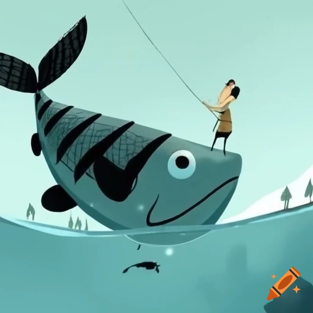 Cartoon of colossal fish playfully dangling tiny man on fishing hook on ...