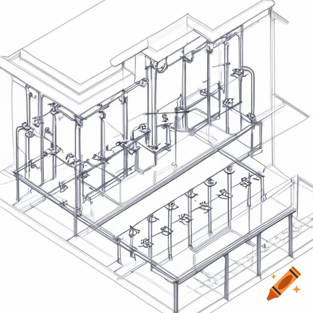 Detailed pencil sketch of water installation network in multi-family ...