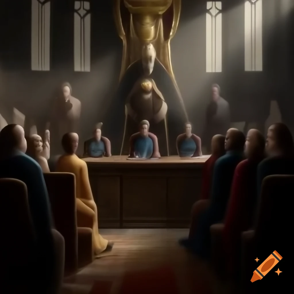 Royal courtroom with king and queen on thrones, young prince standing ...