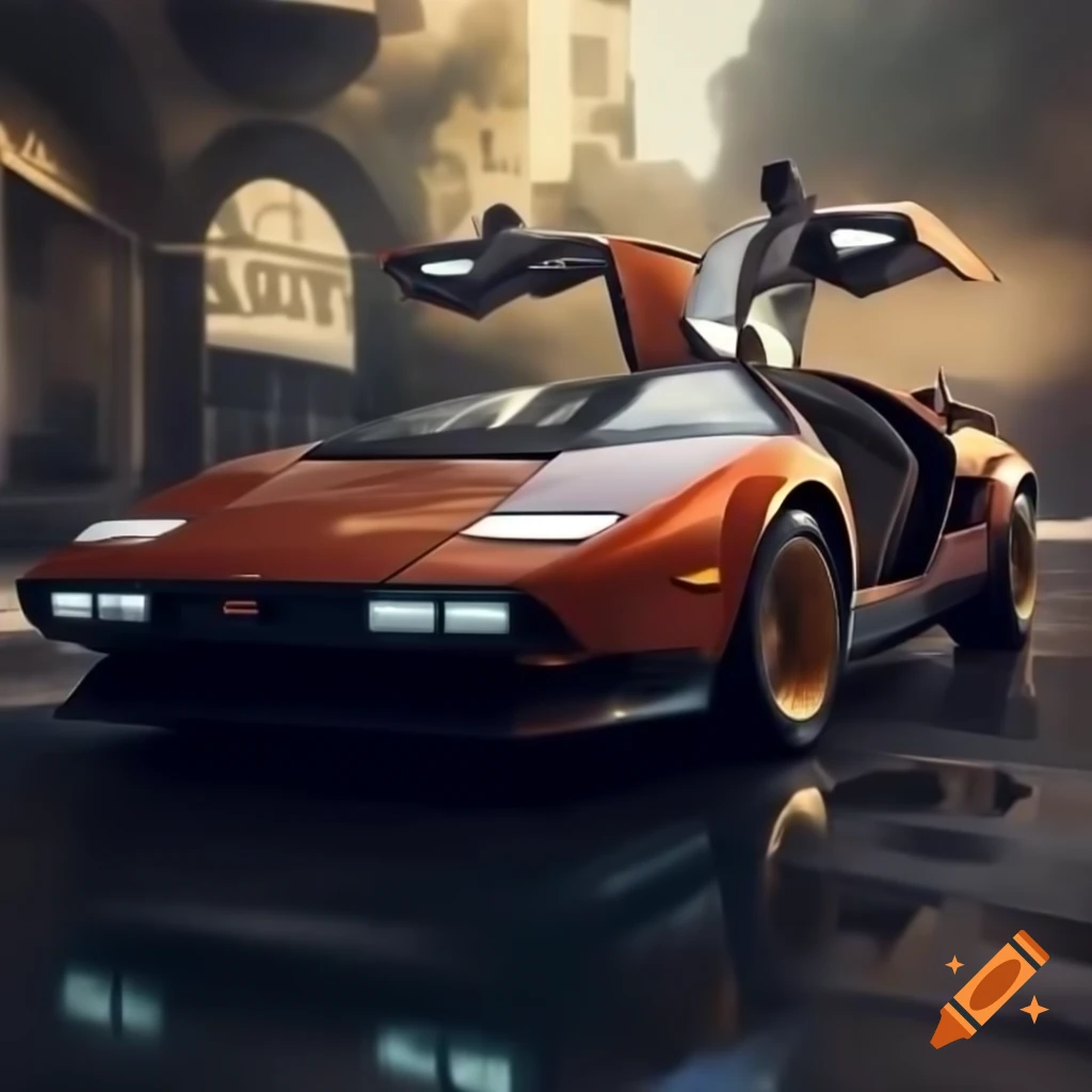 Futuristic design mashup of Lamborghini Countach and DeLorean with gull ...