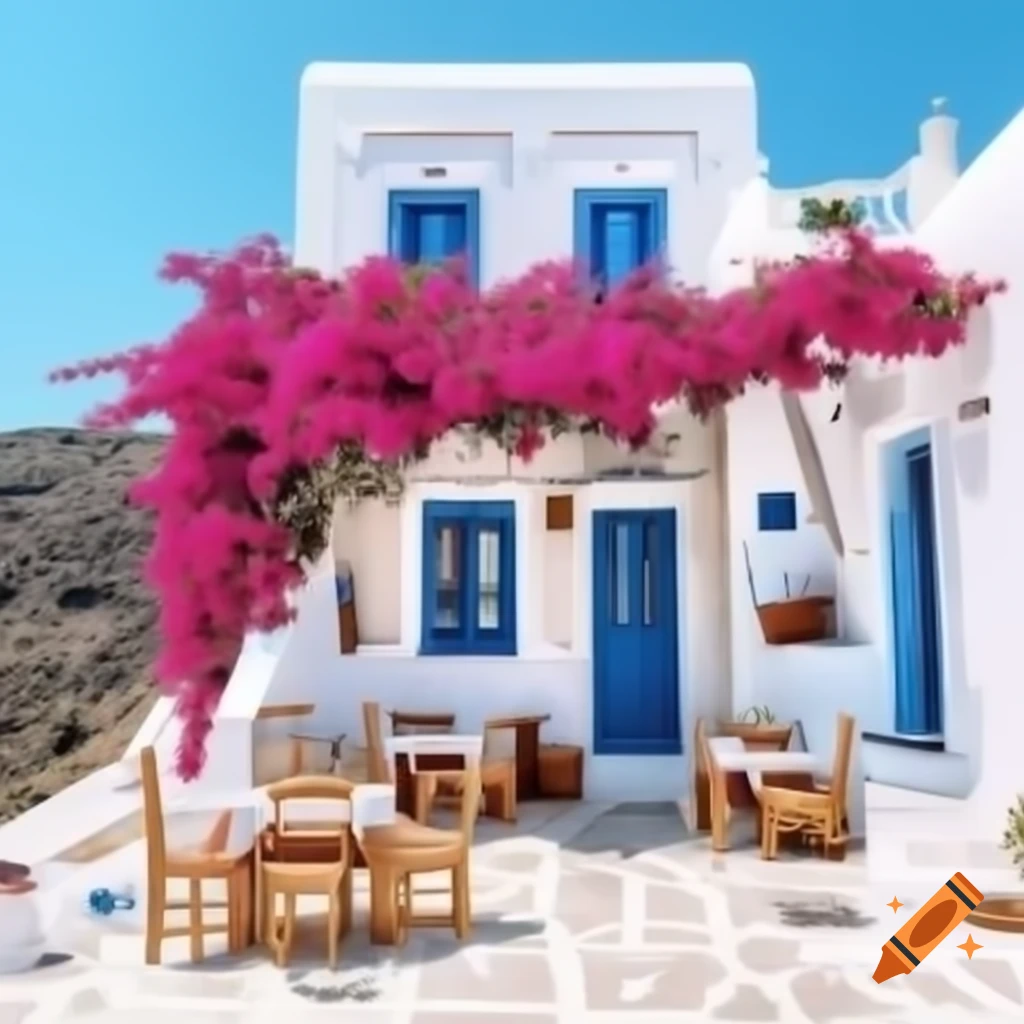 Charming greek house with whitewashed walls and blue accents on sunlit ...