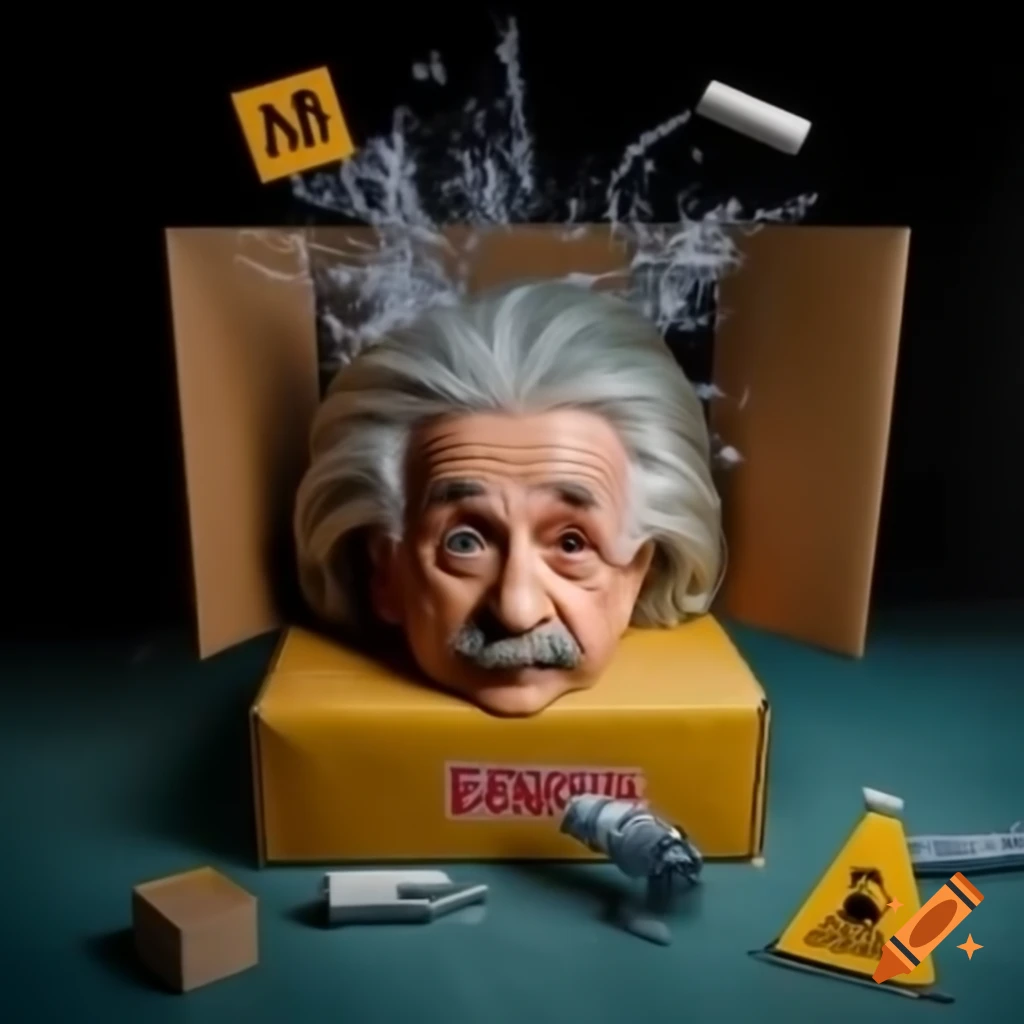 Surreal art of Einstein's head in box with explosion warning and fuse ...