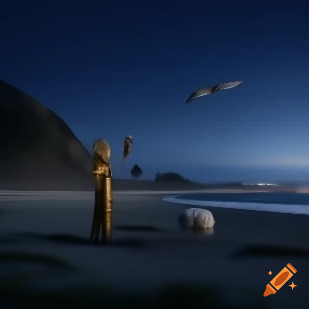 Photorealistic California coastline at night with prospector, ram, hawk ...